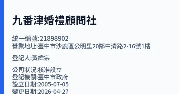 九番津婚禮顧問社的照片-統編 21898902(臺中市) 公司登記資料與營業項目詳細圖表