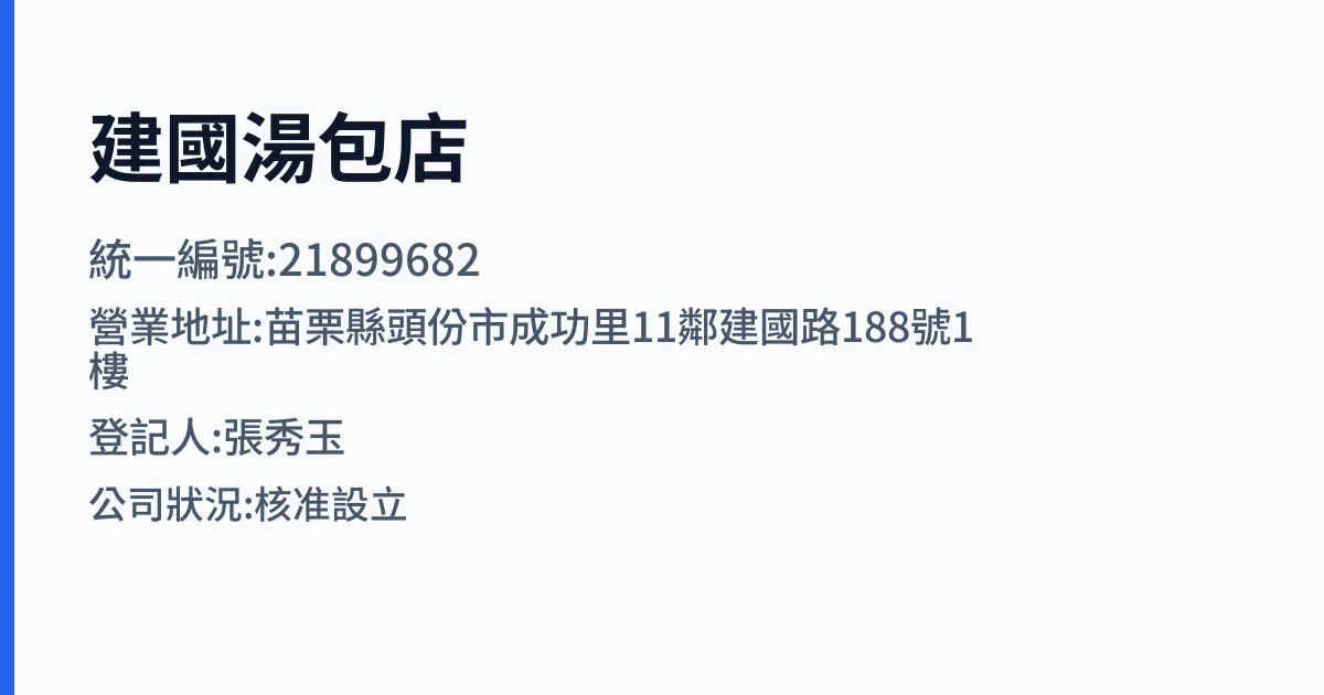 建國湯包店 - 統編 21899682(苗栗縣) 公司登記資料與營業項目詳細圖表