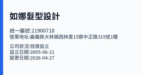 如娜髮型設計的照片-統編 21900718(嘉義縣) 公司登記資料與營業項目詳細圖表
