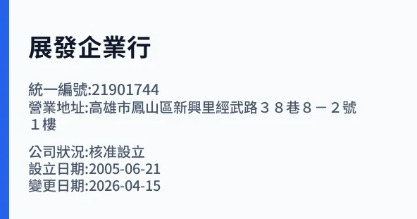 展發企業行的照片-統編 21901744(高雄市) 公司登記資料與營業項目詳細圖表