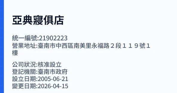 亞典寢俱店的照片-統編 21902223(臺南市) 公司登記資料與營業項目詳細圖表
