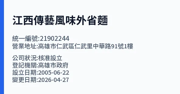 江西傳藝風味外省麵的照片-統編 21902244(高雄市) 公司登記資料與營業項目詳細圖表