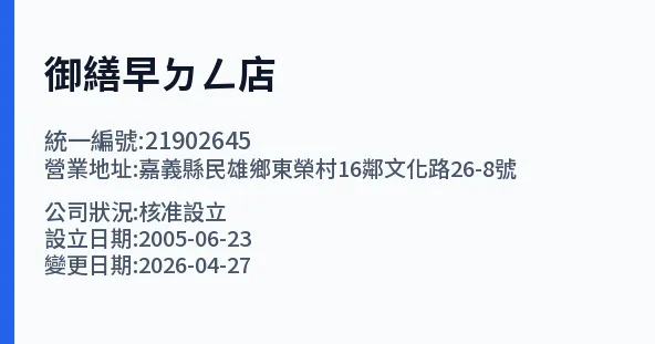 御繕早ㄉㄥ店的照片-統編 21902645(嘉義縣) 公司登記資料與營業項目詳細圖表