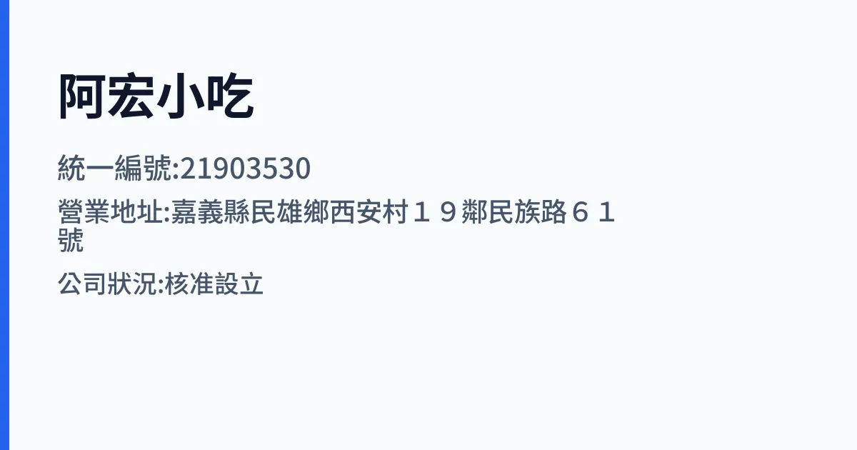 阿宏小吃 - 統編 21903530(嘉義縣) 公司登記資料與營業項目詳細圖表