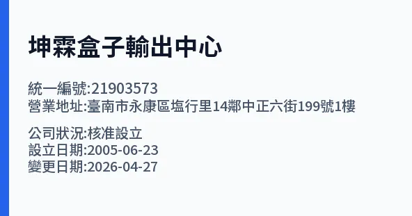 坤霖盒子輸出中心的照片-統編 21903573(臺南市) 公司登記資料與營業項目詳細圖表