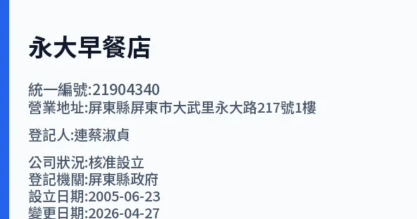 永大早餐店的照片-統編 21904340(屏東縣) 公司登記資料與營業項目詳細圖表