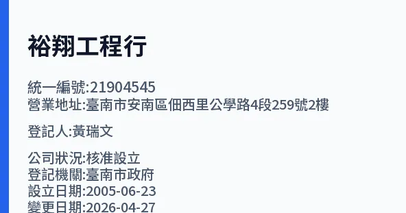 裕翔工程行的照片-統編 21904545(臺南市) 公司登記資料與營業項目詳細圖表