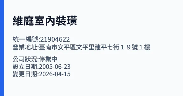 維庭室內裝璜的照片-統編 21904622(臺南市) 公司登記資料與營業項目詳細圖表
