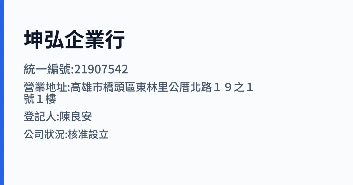 坤弘企業行 - 統編 21907542(高雄市) 公司登記資料與營業項目詳細圖表