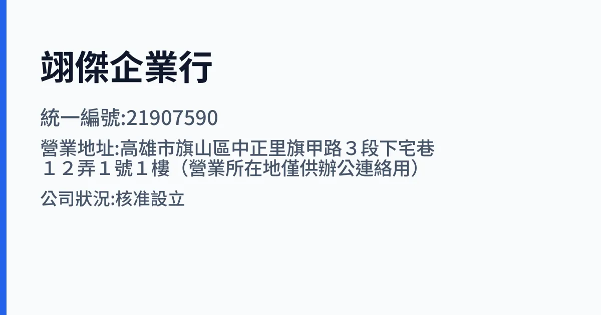 翊傑企業行 - 統編 21907590(高雄市) 公司登記資料與營業項目詳細圖表