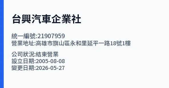 台興汽車企業社的照片-統編 21907959(高雄市) 公司登記資料與營業項目詳細圖表