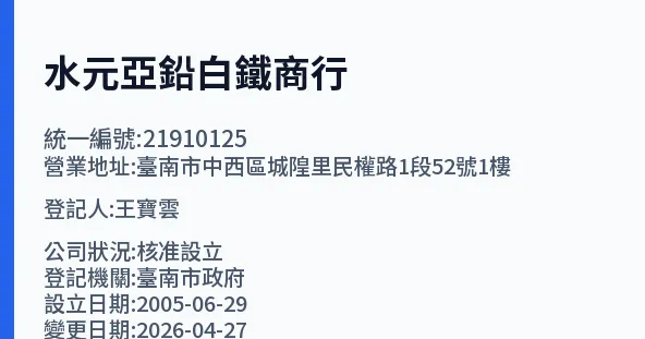 水元亞鉛白鐵商行的照片-統編 21910125(臺南市) 公司登記資料與營業項目詳細圖表
