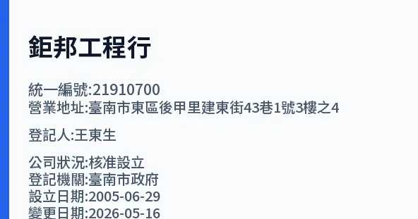 鉅邦工程行的照片-統編 21910700(臺南市) 公司登記資料與營業項目詳細圖表