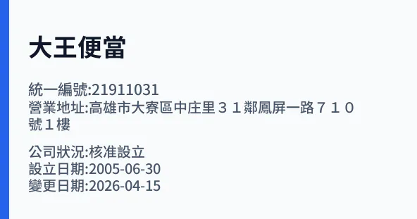 大王便當的照片-統編 21911031(高雄市) 公司登記資料與營業項目詳細圖表