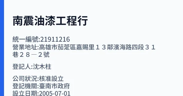 南震油漆工程行的照片-統編 21911216(高雄市) 公司登記資料與營業項目詳細圖表