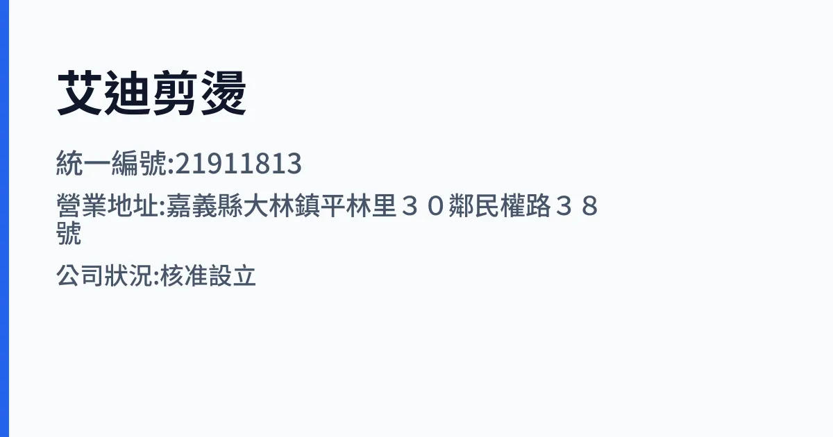 艾迪剪燙 - 統編 21911813(嘉義縣) 公司登記資料與營業項目詳細圖表