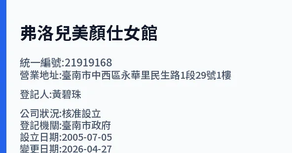 弗洛兒美顏仕女館的照片-統編 21919168(臺南市) 公司登記資料與營業項目詳細圖表