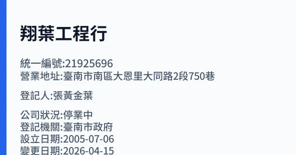 翔葉工程行的照片-統編 21925696(臺南市) 公司登記資料與營業項目詳細圖表