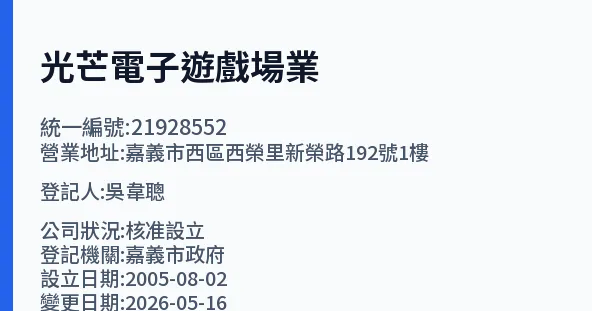 光芒電子遊戲場業的照片-統編 21928552(嘉義市) 公司登記資料與營業項目詳細圖表