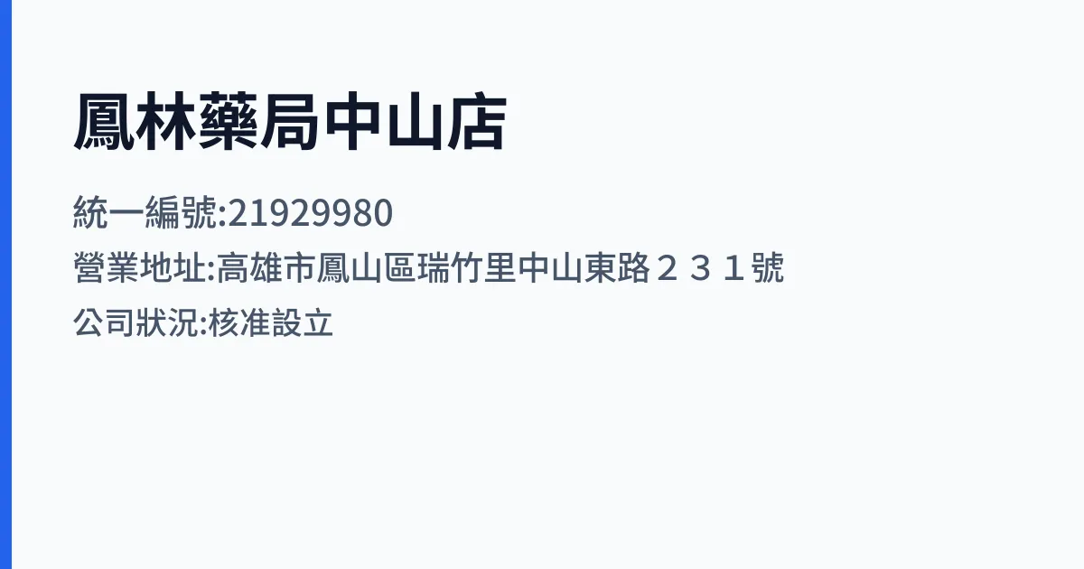 鳳林藥局中山店 - 統編 21929980(高雄市) 公司登記資料與營業項目詳細圖表