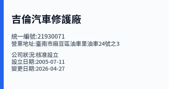 吉倫汽車修護廠的照片-統編 21930071(臺南市) 公司登記資料與營業項目詳細圖表