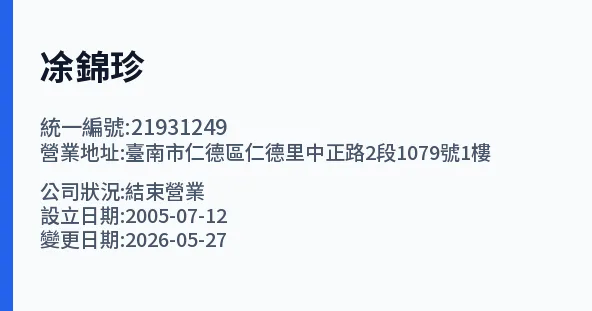 凃錦珍的照片-統編 21931249(臺南市) 公司登記資料與營業項目詳細圖表