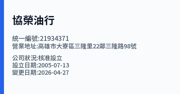 協榮油行的照片-統編 21934371(高雄市) 公司登記資料與營業項目詳細圖表