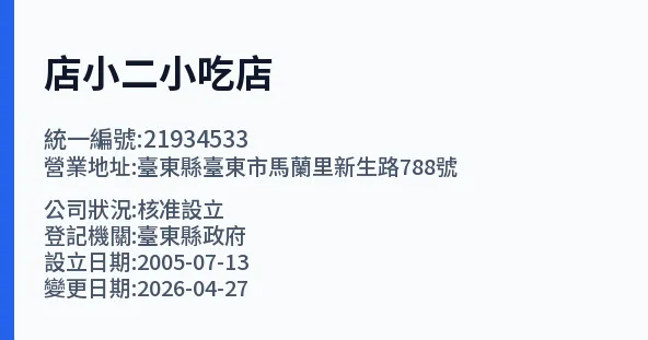 店小二小吃店的照片-統編 21934533(臺東縣) 公司登記資料與營業項目詳細圖表