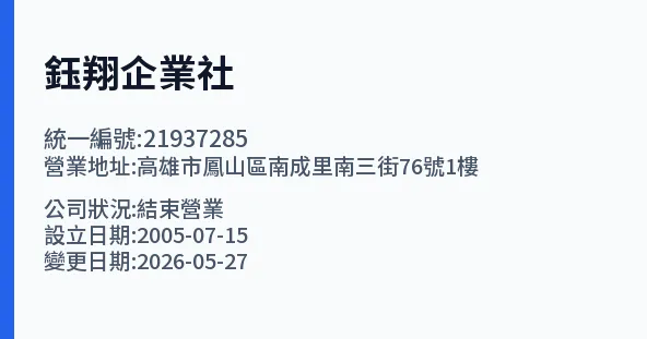 鈺翔企業社的照片-統編 21937285(高雄市) 公司登記資料與營業項目詳細圖表