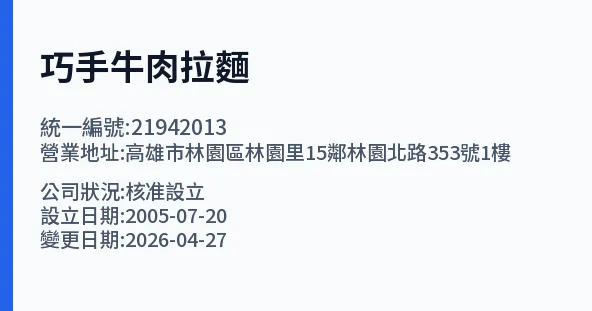 巧手牛肉拉麵的照片-統編 21942013(高雄市) 公司登記資料與營業項目詳細圖表