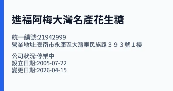進福阿梅大灣名產花生糖的照片-統編 21942999(臺南市) 公司登記資料與營業項目詳細圖表