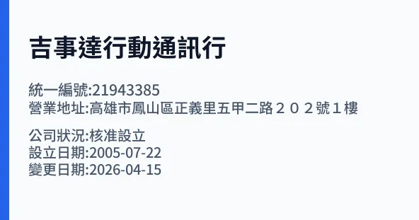 吉事達行動通訊行的照片-統編 21943385(高雄市) 公司登記資料與營業項目詳細圖表