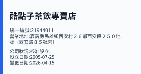 酷點子茶飲專賣店的照片-統編 21944011(嘉義縣) 公司登記資料與營業項目詳細圖表