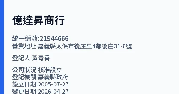 億達昇商行的照片-統編 21944666(嘉義縣) 公司登記資料與營業項目詳細圖表