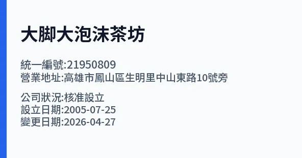 大脚大泡沫茶坊的照片-統編 21950809(高雄市) 公司登記資料與營業項目詳細圖表