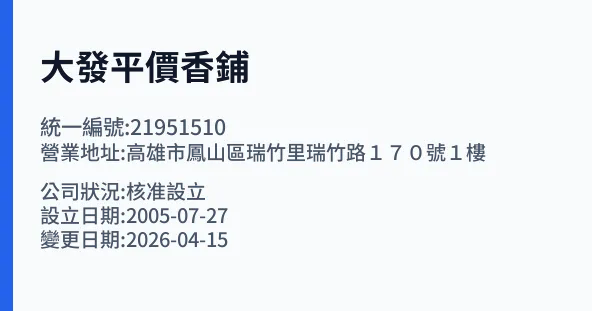 大發平價香鋪的照片-統編 21951510(高雄市) 公司登記資料與營業項目詳細圖表