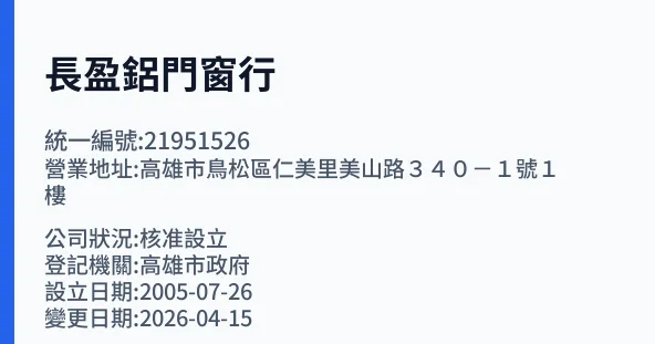 長盈鋁門窗行的照片-統編 21951526(高雄市) 公司登記資料與營業項目詳細圖表
