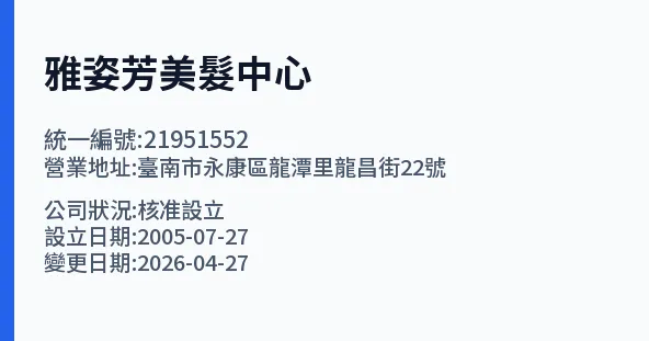 雅姿芳美髮中心的照片-統編 21951552(臺南市) 公司登記資料與營業項目詳細圖表