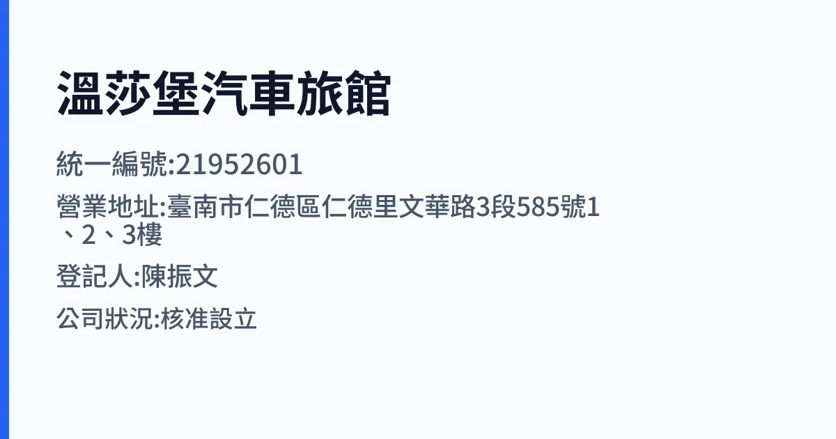 溫莎堡汽車旅館 - 統編 21952601(臺南市) 公司登記資料與營業項目詳細圖表
