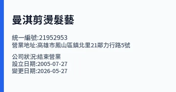 曼淇剪燙髮藝的照片-統編 21952953(高雄市) 公司登記資料與營業項目詳細圖表