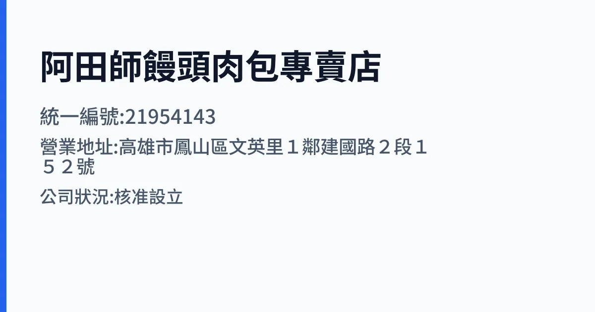阿田師饅頭肉包專賣店 - 統編 21954143(高雄市) 公司登記資料與營業項目詳細圖表