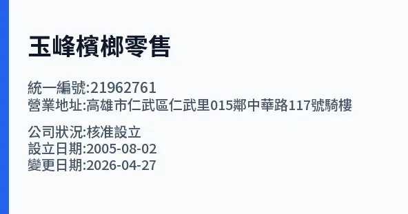 玉峰檳榔零售的照片-統編 21962761(高雄市) 公司登記資料與營業項目詳細圖表