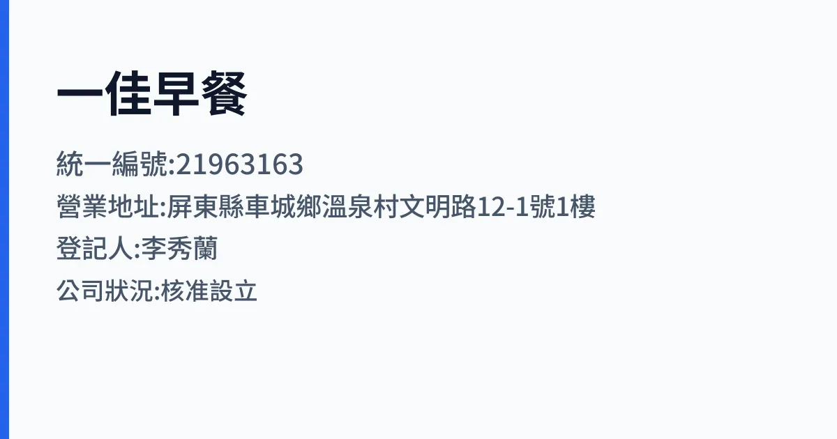 一佳早餐 - 統編 21963163(屏東縣) 公司登記資料與營業項目詳細圖表