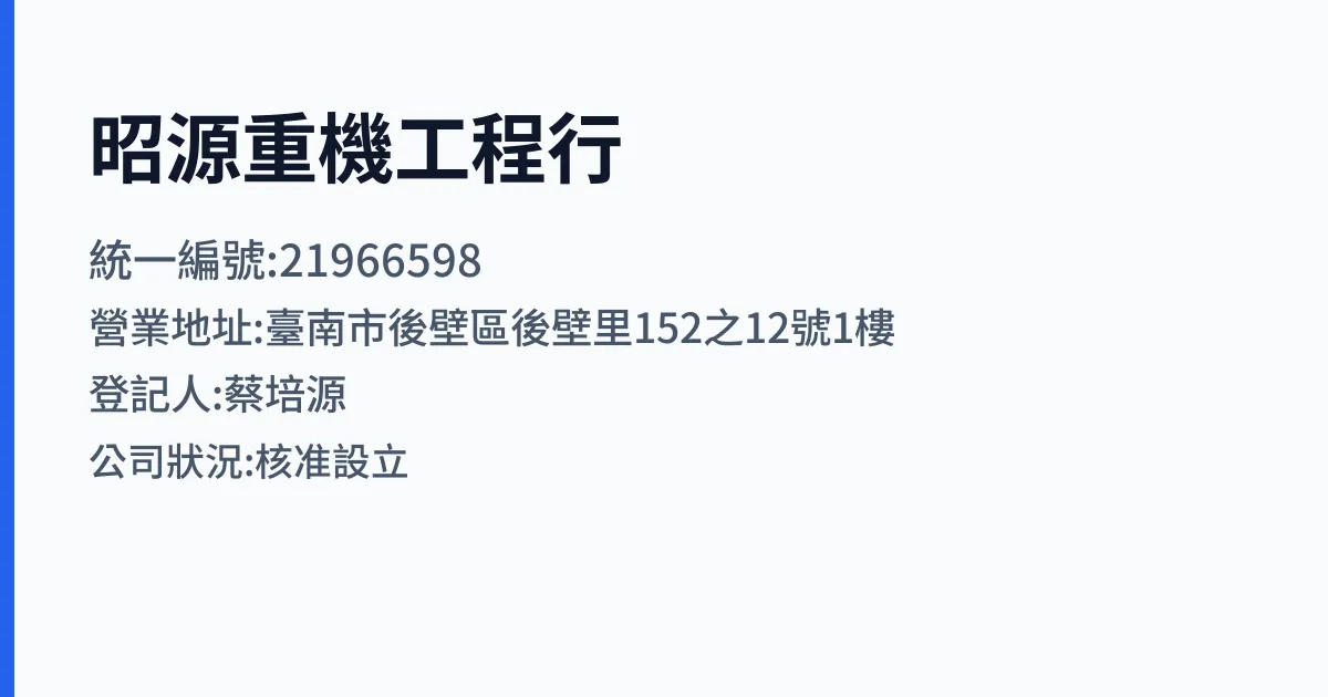 昭源重機工程行 - 統編 21966598(臺南市) 公司登記資料與營業項目詳細圖表