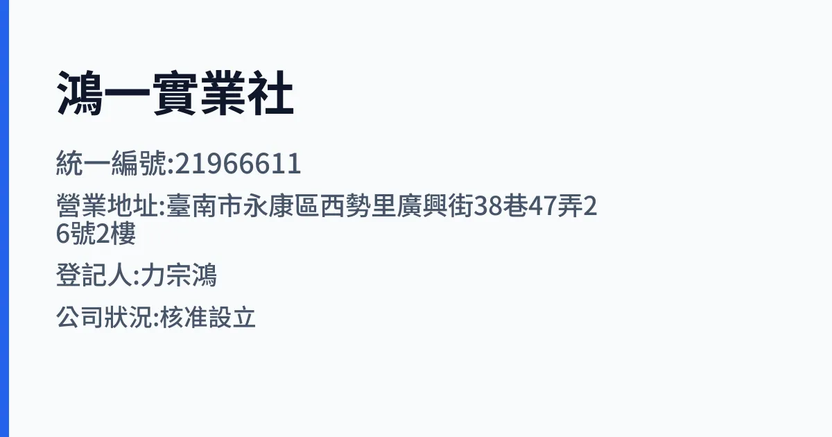 鴻一實業社 - 統編 21966611(臺南市) 公司登記資料與營業項目詳細圖表