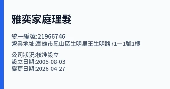 雅奕家庭理髮的照片-統編 21966746(高雄市) 公司登記資料與營業項目詳細圖表