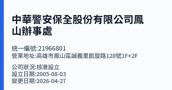 中華警安保全股份有限公司鳳山辦事處的照片-統編 21966801(高雄市) 公司登記資料與營業項目詳細圖表