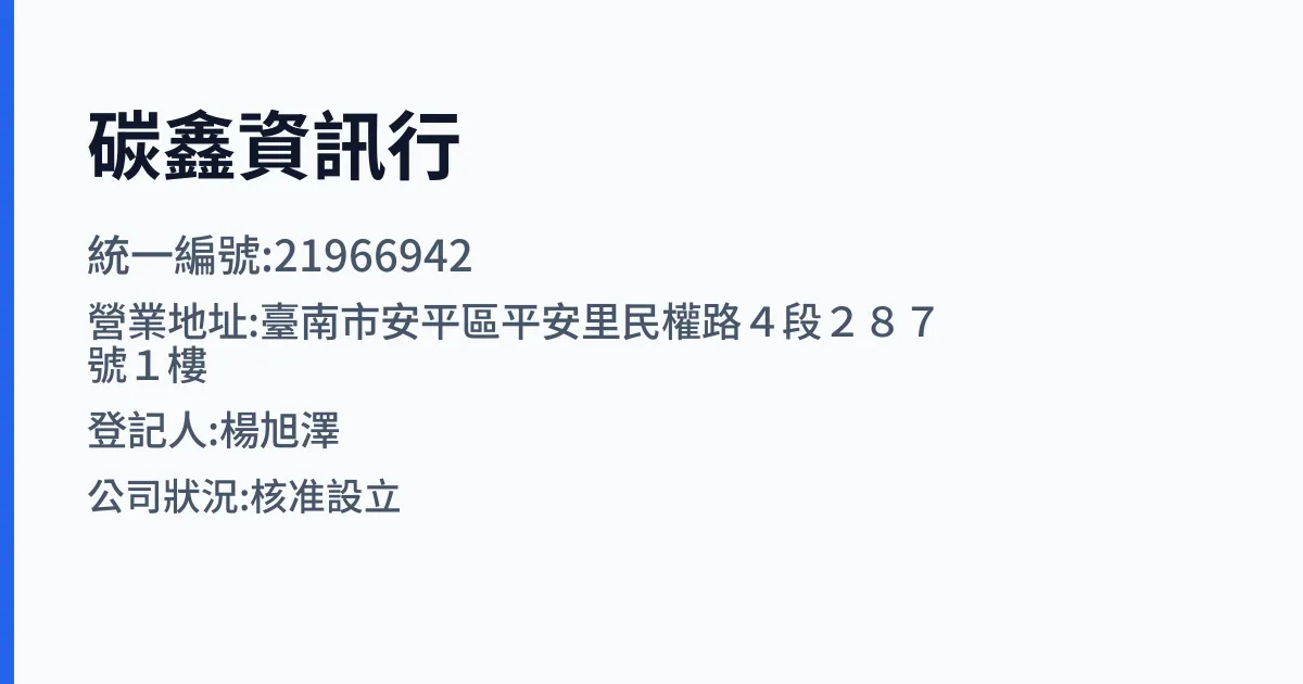 碳鑫資訊行 - 統編 21966942(臺南市) 公司登記資料與營業項目詳細圖表