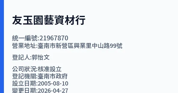 友玉園藝資材行的照片-統編 21967870(臺南市) 公司登記資料與營業項目詳細圖表