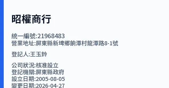 昭權商行的照片-統編 21968483(屏東縣) 公司登記資料與營業項目詳細圖表